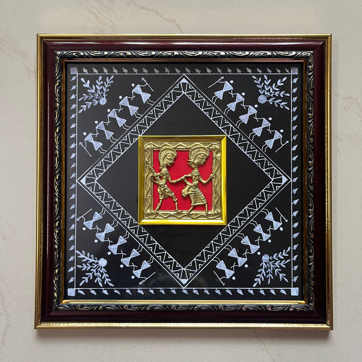 Dhokra Brass Jali Wall Frame with Warli Painting - Tribal Fishing - Bl ...