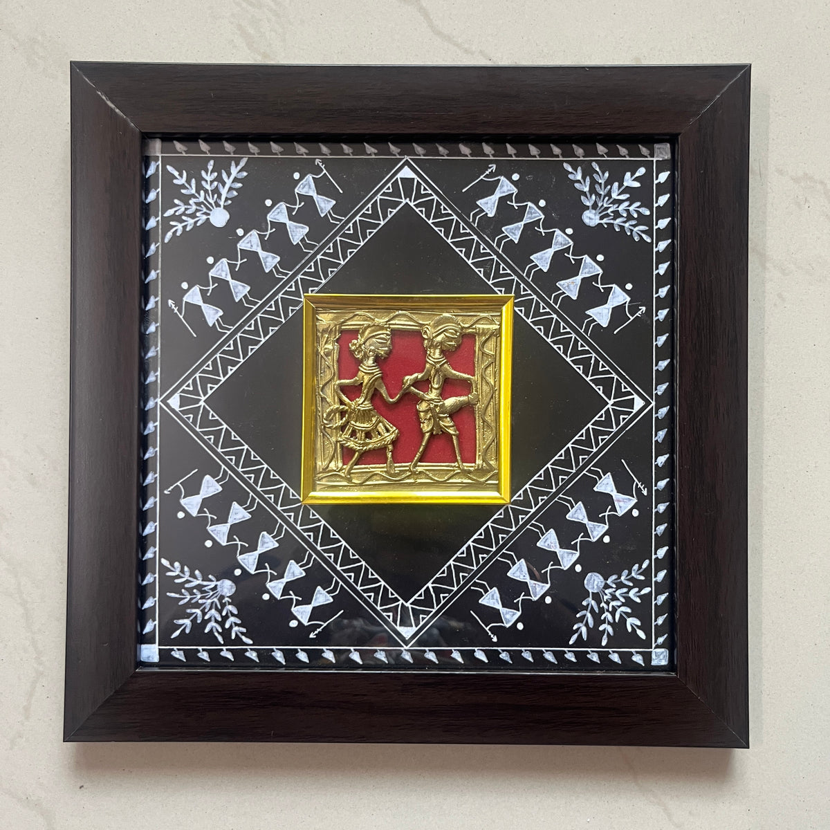 Dhokra Brass Jali Wall Frame with Warli Painting - Tribal Fishing - Bl ...